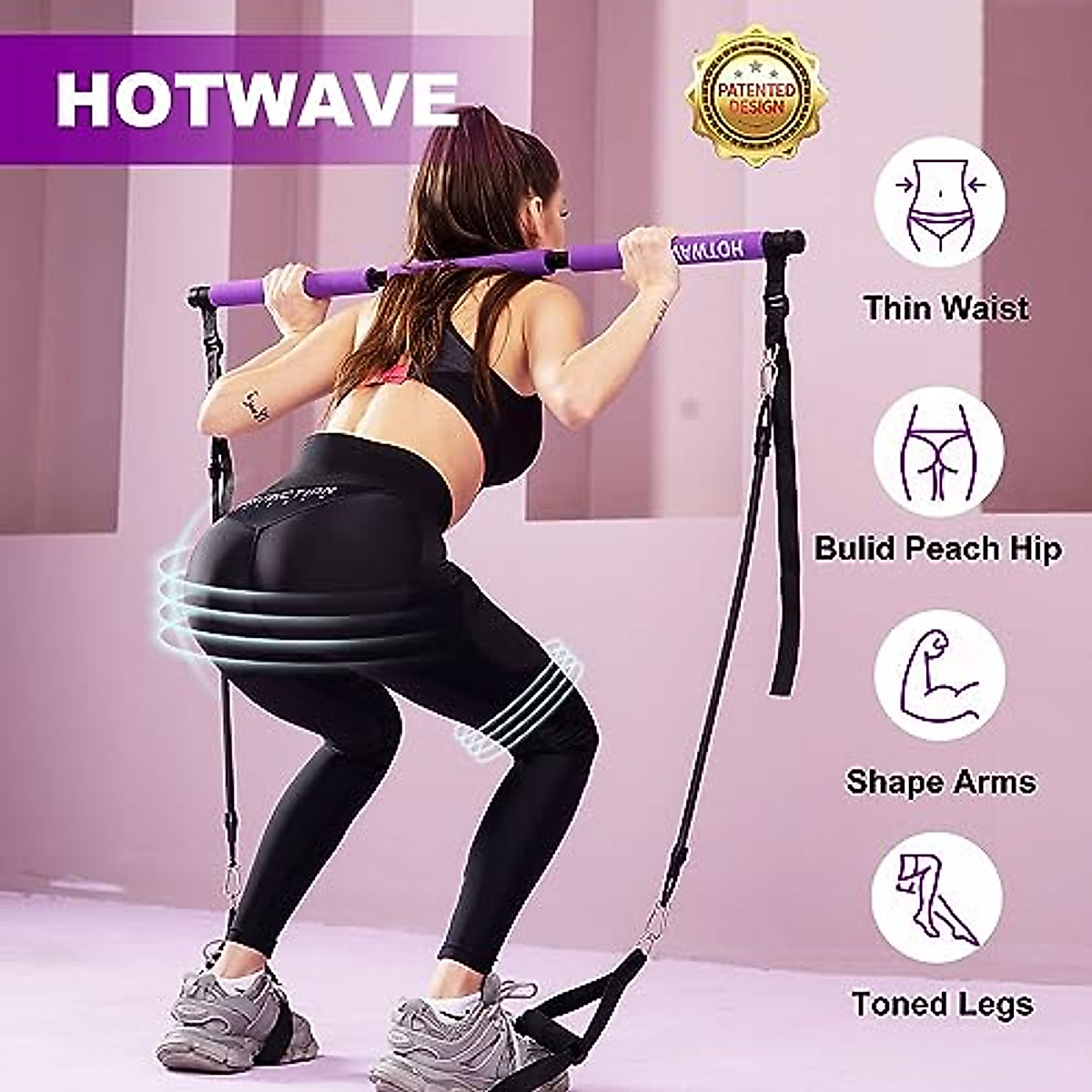 HOTWAVE Pilates Bar Kit with Resistance Bands. Fitness Bar with Ab Roller for Abs Workout. Squat Machine.Core Strength Training Equipment.Portable Home Gym for Men and Women