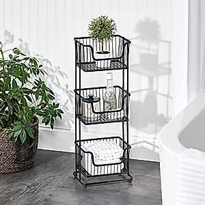 mDesign Tall 3 Basket Tiered Bathroom Holder, Metal Wire Floor Stand Storage Layered Rack with Three Tier Storage Shelving Bathroom Organizer Bins for Bath Towels, Hand Soap, and Toiletries - Black