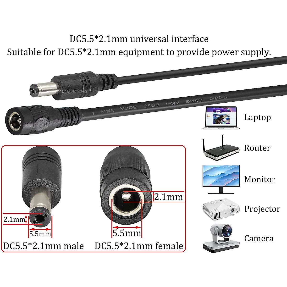 HCFeng DC Power Y Splitter Cable,DC 5.5mm x 2.1mm 1 Female to 2 Male Power Cord 18AWG 12v DC Extension Cord Cable for CCTV Security Camera, DVR, HDVD, LED Strip Light(2pack/1.6ft)
