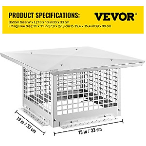 VEVOR Chimney Cap, 13" x 13" Flue Caps, 304 Stainless Steel Fireplace Chimney Cover, Adjustable Metal Spark Arrestor with Bolts Screws, Mesh Chimney Flue Cover for Outside Existing Clay Flue Tile