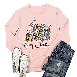 KIDDAD Christmas Sweatshirts for Women Merry Christmas Sweatshirt Funny Christmas Trees Graphic Holiday Party Pullover Tops Pink
