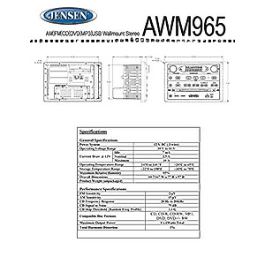 Jensen AWM965 AM/FM|CD|DVD|MP3/USB Wallmount Stereo with DVD Player, Front USB Supports MP3, WMA, JPEG Formats, Remote Control Included, 12 Volt (Renewed)