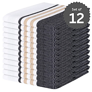 Urbana Cotton Set of 12 Assorted Waffle Kitchen Towels 100% Cotton Super Soft Absorbent Reusable Cleaning Cloths Machine Washable Weave Tea Towel with Hanging Loop (Black, 16 X 26 Inches)