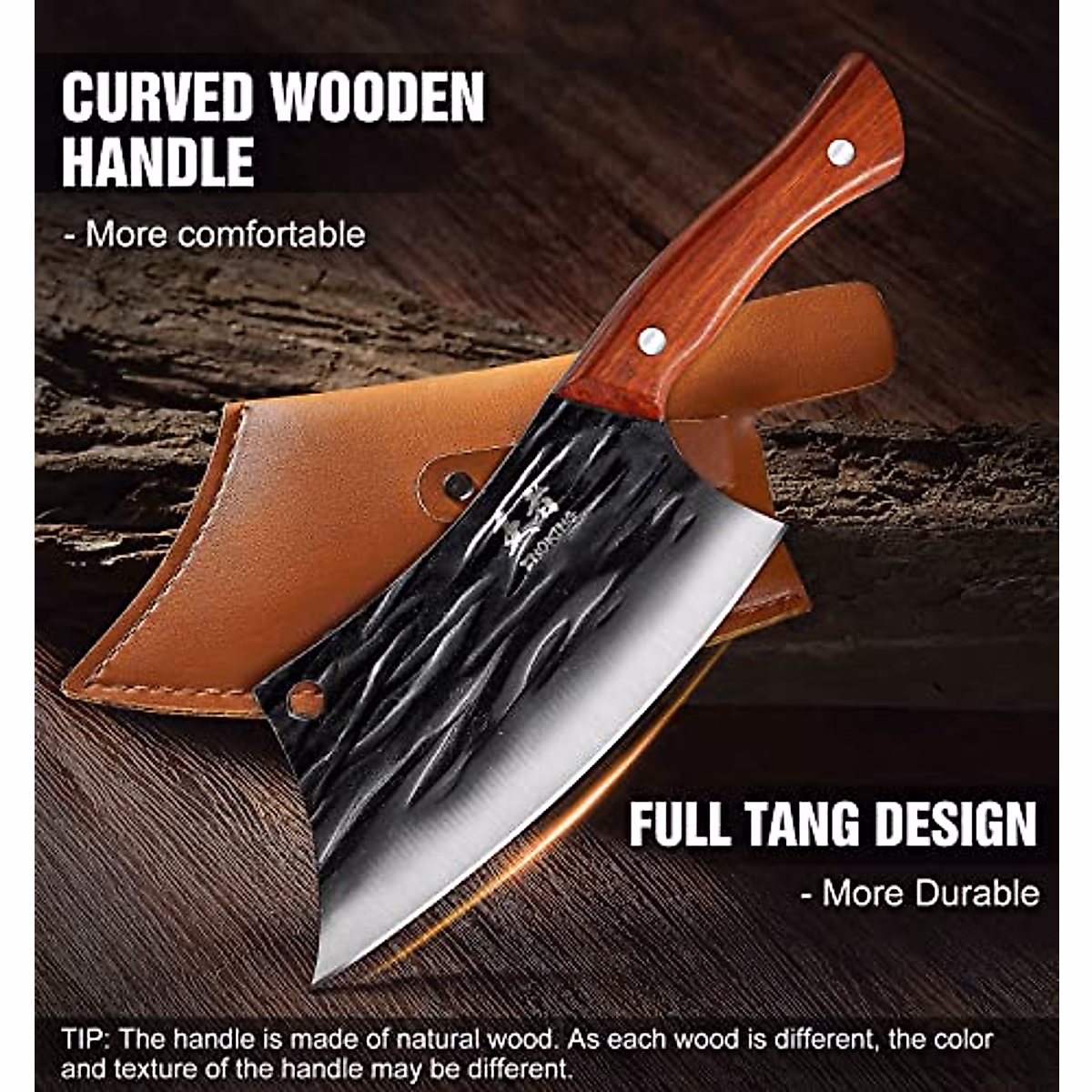 ENOKING Meat Cleaver Hand Forged Chef Knife High Carbon Steel Kitchen Butcher Knife with Full Tang Handle Leather Sheath Chopping Knife for Kitchen, Camping, BBQ (6.3 IN)