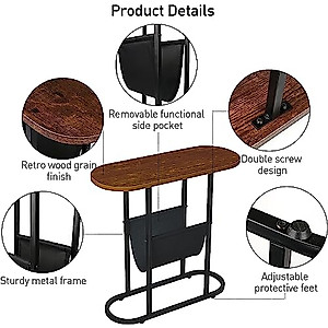 graffitimaster Oval Narrow Side Table with Magazine Sling Holder Pouch, Slim End Table with Metal Frame for Living Room Bedside Bedroom Couch Small Spaces, Retro Wood Grain Finish