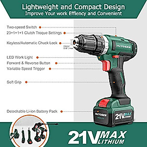 HUYOSEN Cordless Drill Driver, 21V Professional Impact Drill, 46N.M Torque- 3/8''Auto Chuck, 23+1 Clutch, 57 Pcs Accessorie, Built-in LED Power Drill Drivers Set for Drilling Wall Wood Metal DIYs