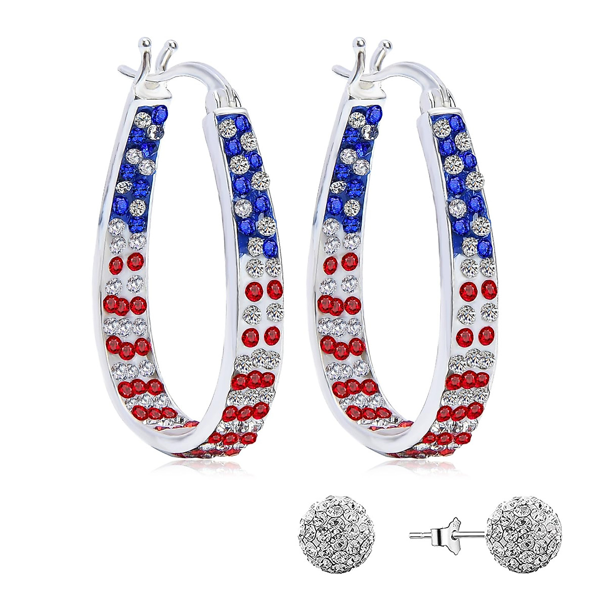 Silver Plated Oval Inside Out Crystal Hoop Earrings For Women Patriotic Earrings Fashion Jewelry