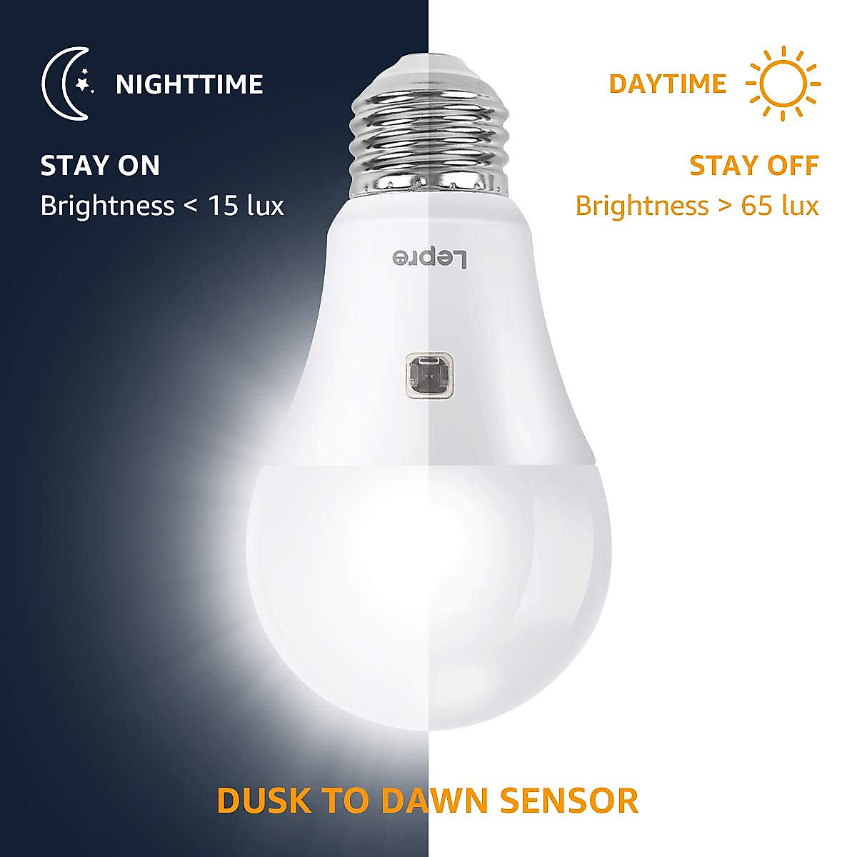 Lepro Dusk to Dawn Light Bulbs Outdoor Lighting, Auto On/Off, Light Sensor LED Bulbs, 60 Watt Equivalent, Non-Dimmable, A19 E26 Medium Screw Base, 9W 806 Lumens, Daylight White, Pack of 2