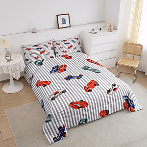 Feelyou Race car Comforter Set Speed Sports Car Bedding Set Racing Car Comforter White Grey Quilted Duvet Set for Kids Boys Girls Microfiber Twin