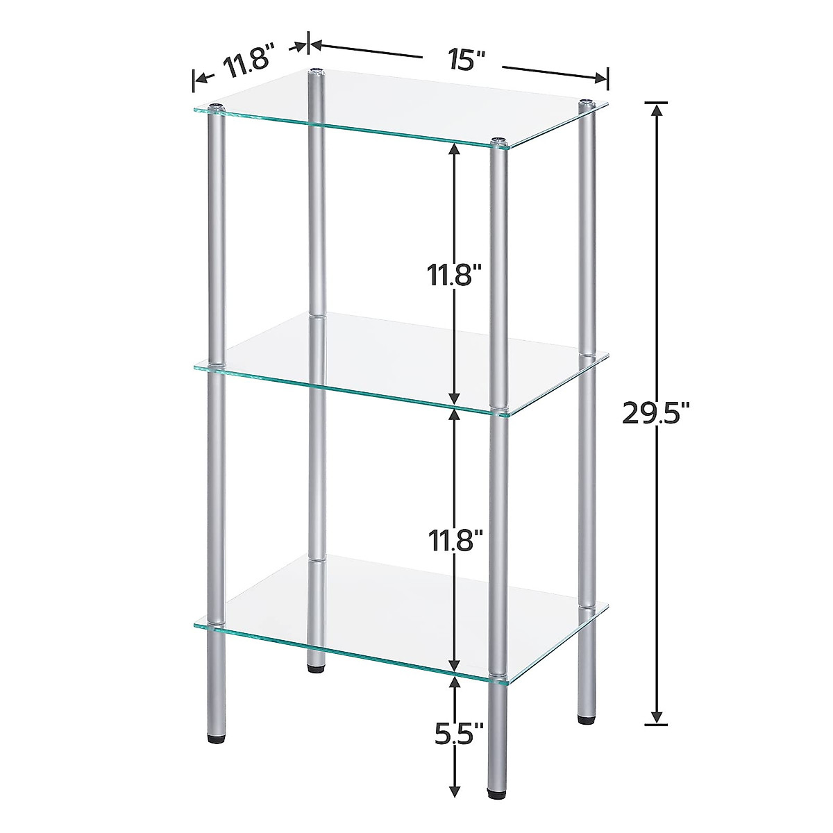 HOOBRO Glass Shelf, 3 Tier Standing Shelf Unit, Durable Glass Shelving Stand for Small Space, Space-Saving, for Bathroom, Bedroom, Home Office, Tempered Glass, Steel Frame, Silver SV03CJ01