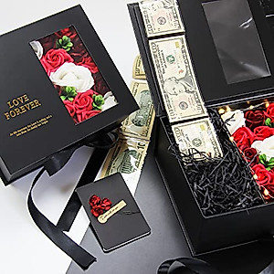 Money Pull Box for Cash Gift - Gift Box with Lid and Ribbon, 9.8 x 8.4 x 4.3 inch Luxury Money Pull Out Flower Gift Box, Unique Birthday Surprise Gift Box for Wife, Girlfriend, Mother, Friend (Black)