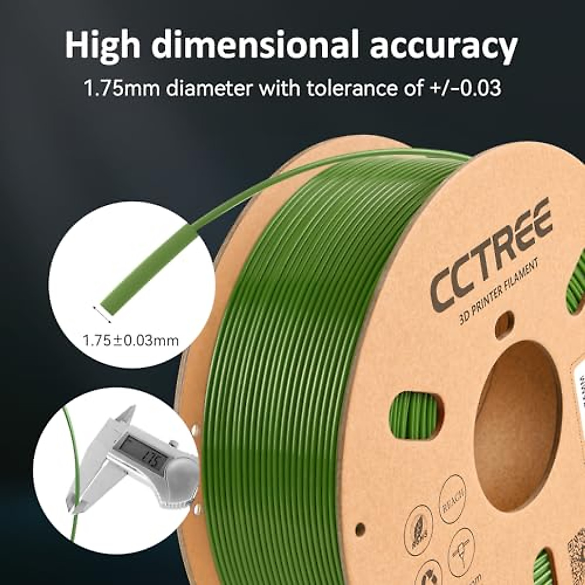 CCTREE PLA+ Filament 1.75mm, Stronger and Toughness 3D Printer Filament PLA Plus, Dimensional Accuracy +/- 0.03 mm, 1KG Spool (2.2 lbs), 3D Printing Filament for Most FDM 3D Printers, Olive Green