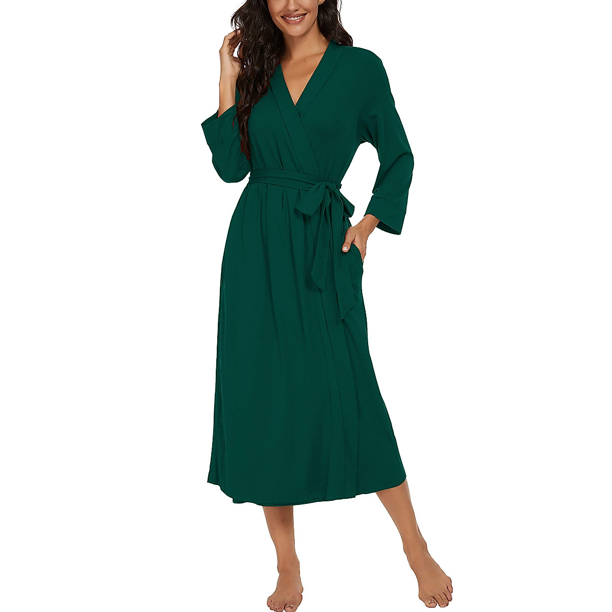 VINTATRE Women Kimono Robes Long Knit Bathrobe Lightweight Soft Knit Sleepwear V-neck Casual Ladies Loungewear Dark Green-X-Large