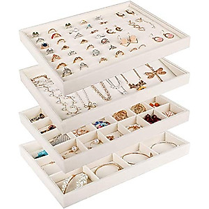 Mebbay Large Stackable Velvet Jewelry Trays Organizer, Jewelry Storage Display Trays for Drawer, Earring Necklace Bracelet Ring Organizer, Set of 4 (Warm White), 13.8" x 9.5" x 1.18"