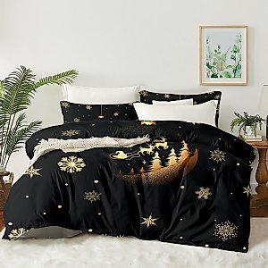 CCoutueChen Merry Christmas Soft Duvet Cover Queen Black Christmas Snowflakes Comforter Cover Happy New Year Farmhouse Decor Xmas Duvet Cover Set 3 Piece(2 Pillowcases, No Comforter)