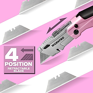 WORKPRO Folding Utility Knife, Quick-Change Pink Box Cutter with Blade Storage Compartment Hidden in Lightweight Aluminum Die-cast Handle, 12 Extra Blades Included - Pink Ribbon