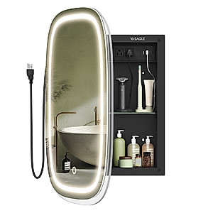 VASAGLE Medicine Cabinet with Mirror and Lights, Wall-Mounted Bathroom Wall Cabinet with Charging Station, 2 AC Outlets, 2 USB-A Ports, Rounded Rectangle, Adjustable Shelf, Black UBBK127B02