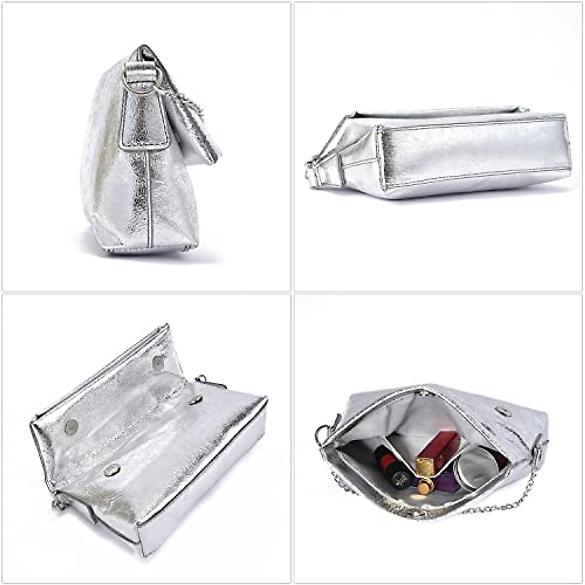 WOO Foldover Evening Clutch Bag Soft Metallic PU Shoulder Crossbody Tote Bag for Different Parties Mini Pouch, Silver