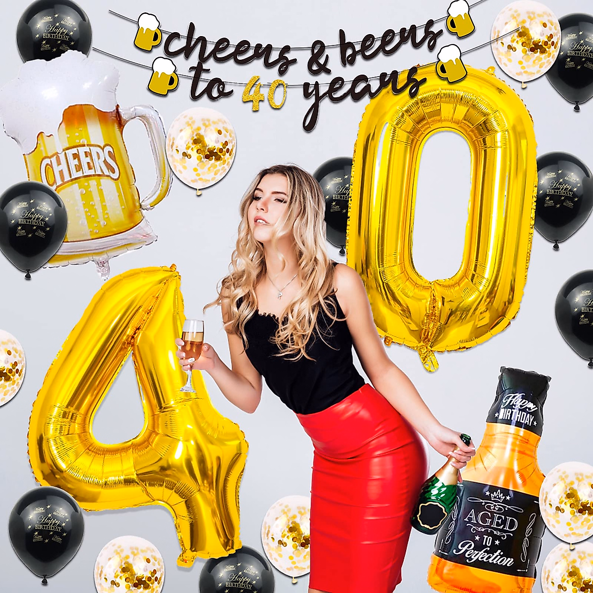 40th Birthday Decorations for Men, 40 Birthday Decorations with 40 Inch Gold 40 Number Balloons, Cheers to 40 Years Banner,Fringe Curtains and Cups Foil Balloons
