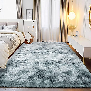 Isdook Fluffy Rug for Living Room Shaggy Soft Area Rug Plush Area Rugs for Bedroom Room Tie-Dyed Silver Grey Fuzzy Rug, Rectangle 5x7 Feet