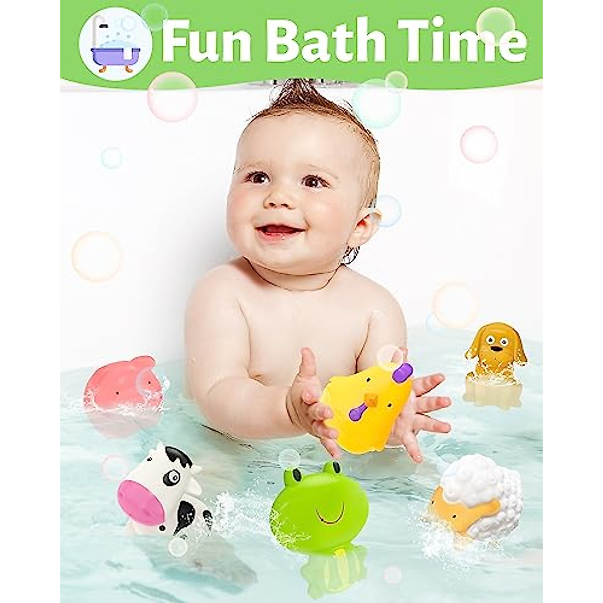 Mold Free Farm Animals Baby Bath Toys for Toddler 1-3, No Hole No Mold Bathtub Pool Toys for 1 2 3 Year Old Boy Girl Gifts, Toddler Water Toys with 6 Animals