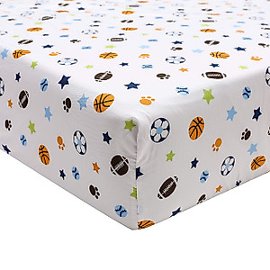 Brandream Sport Baby Crib Bedding Sets for Boys | Champ Star Dogs in Baseball Basketball Football and So On| 3-Piece Patchwork Nursery Set Blue - Baby Quilt, Fitted Crib Sheet, Crib Skirt Included