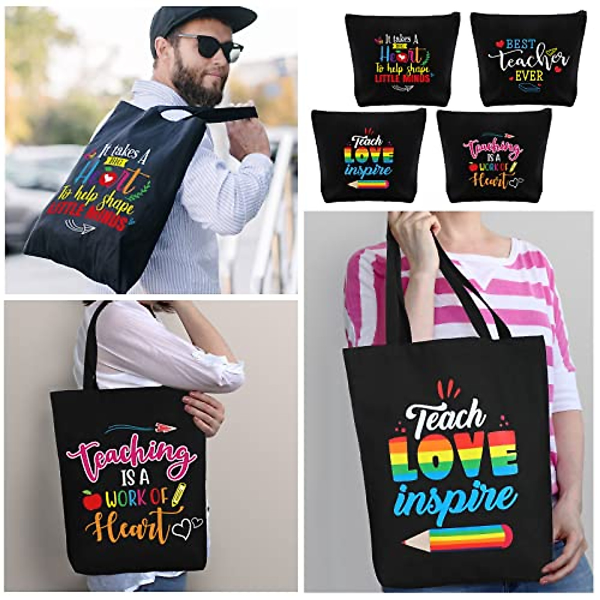 Oudain 8 Pcs Teacher Appreciation Gifts for Women Canvas Teacher Bag Teacher Tote Bag Cosmetic Toiletry Canvas Makeup Bags with Zipper for Teacher Birthday Christmas Farewell Parties