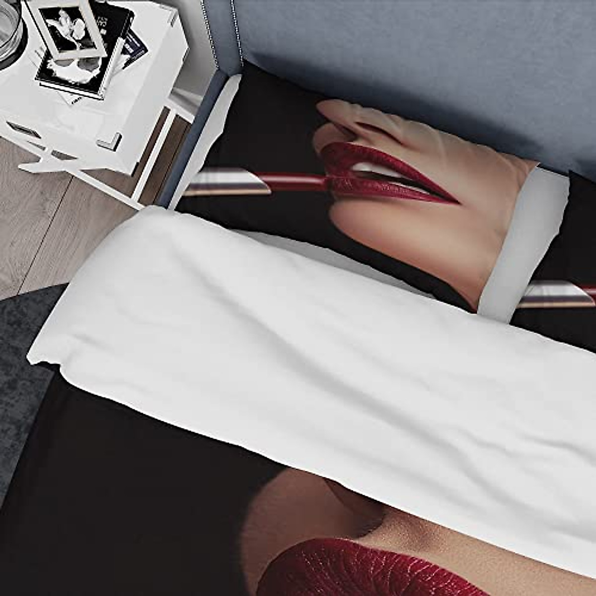 DESIGN ART Designart 'Applying Red Lipstick On Lips' Modern Duvet Cover Comforter Set King Cover + Comforter + 2 King Shams 4 Piece
