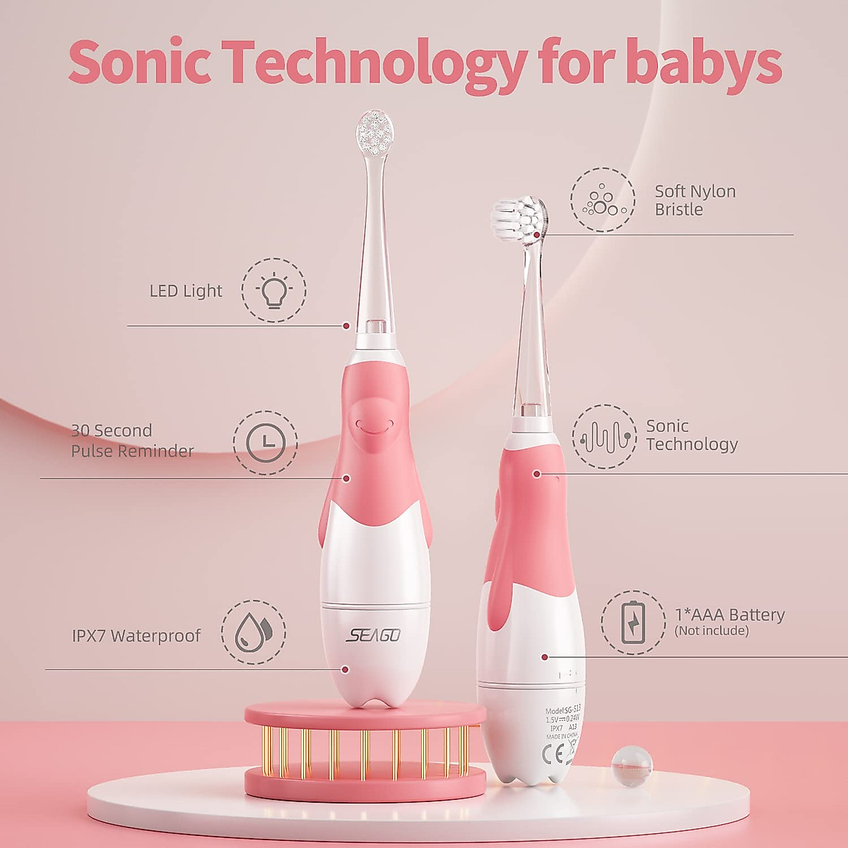 SEAGO Baby Electric Toothbrush SG-513AC with 4 Replacement Heads (Pink-A)