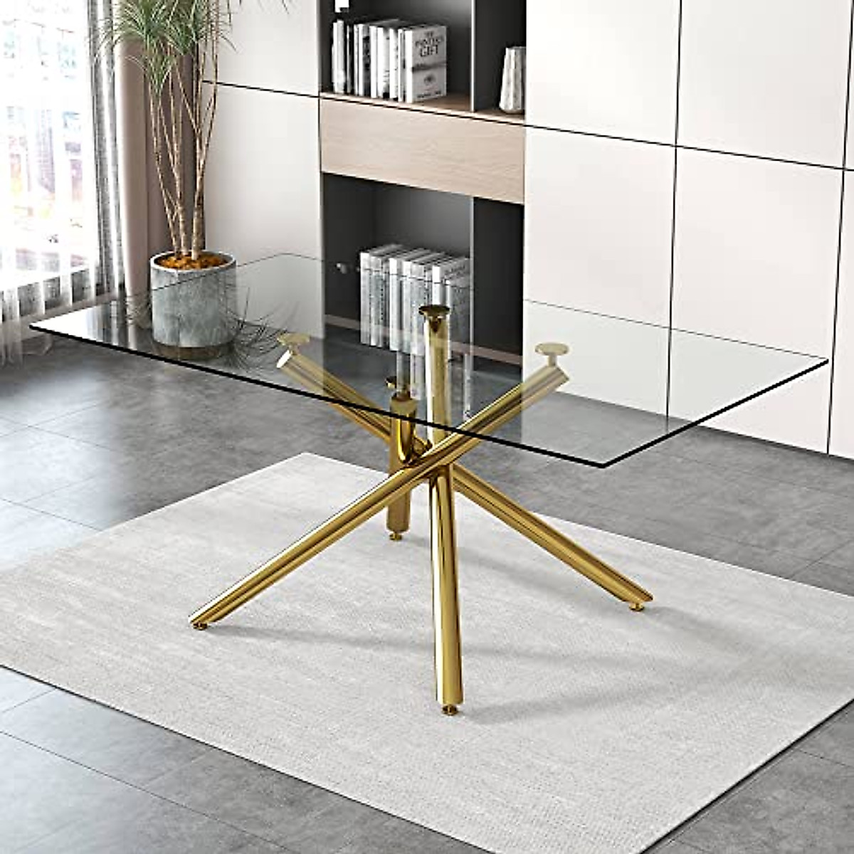 71inch Glass Dining Table for 6, Rectangle Kitchen Table with Golden Legs, Marble Texture Top Dining Table for 8, Dinner Dining Room Table for Home Kitchen Meeting Banquet