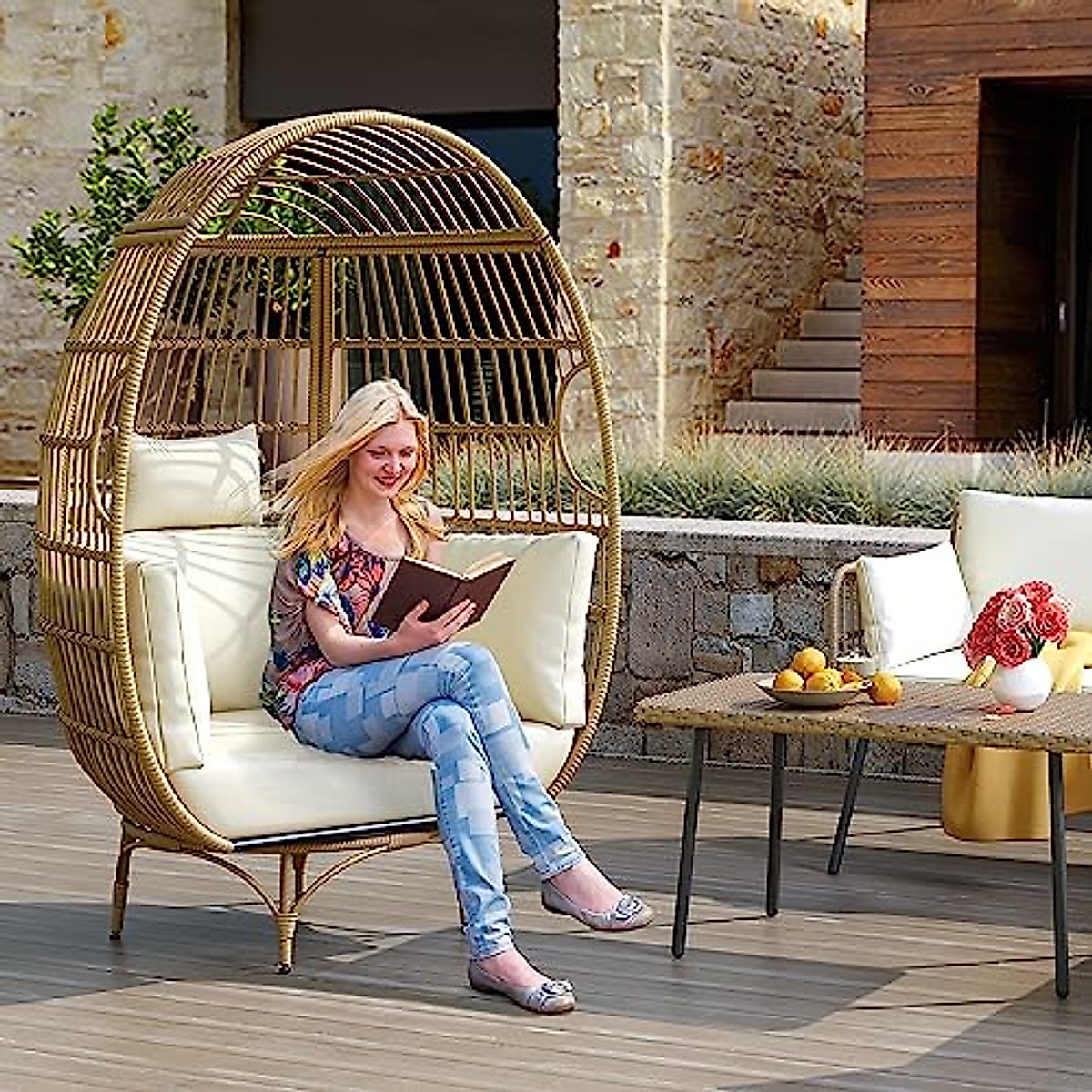 YITAHOME Swivel Outdoor Egg Chair, Wicker Patio Rotating Basket Chair with 370lbs Capacity, All-Weather Oversized Stationary Egg Lounger Chair for Indoor Living Room Outside Balcony Backyard (Beige)