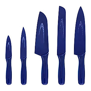 hecef Galaxy Blue Kitchen Knife Set of 5, Non-slip Metallic Ceramic Coated Chef Knife Set, Hammered Blade with Plastic Handle and Protective Blade Sheath