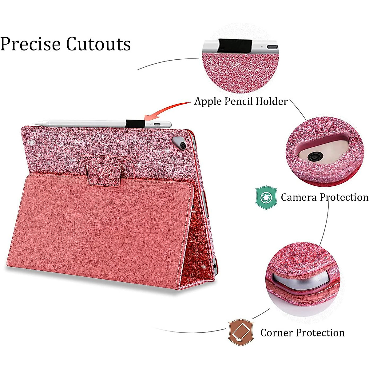 CLARKCAS iPad Air 2 Glitter Case 2014 Release Girls Women Bling Sparkle Leather Bifold Smart Tablet Case Protective Cover with Pencil Holder for Air/Pro 9.7/iPad 2018/2017 9.7 Inch Case,Pink