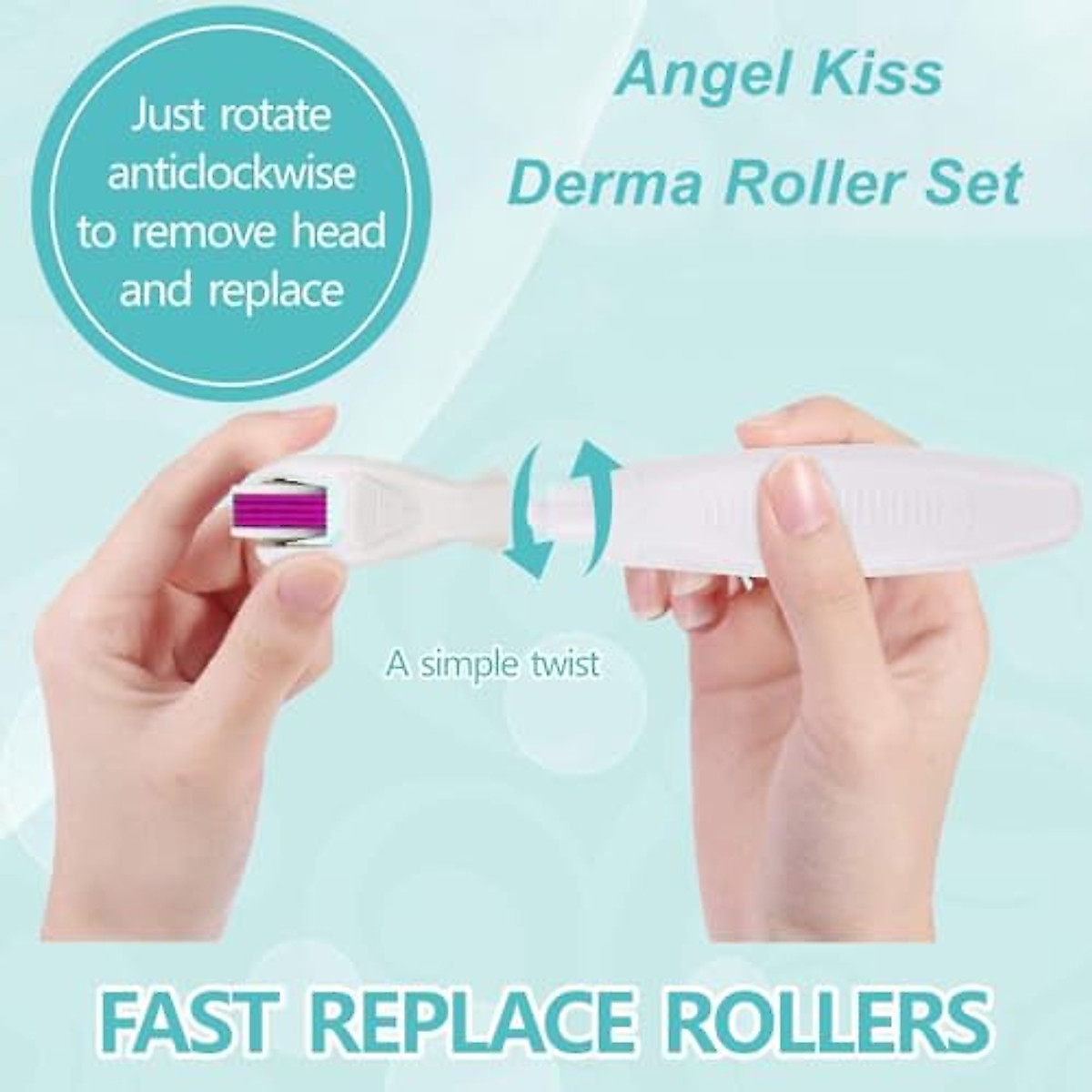 Derma Roller for Face and Body - Angel Kiss 4 in 1 Titanium Microneedling Roller Kit Micro Needle Microneedle Roller, 300 and 720 Needles 0.25mm,1200 Needle 0.3mm