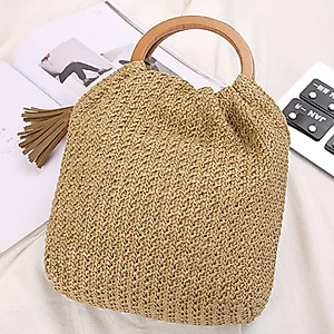 Women Tassels Straw Woven Handbag Wooden Top Handle Bucket Bag Summer Beach Travel Tote