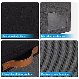 PFFVRP Extra Large Storage Bins with Lids, Foldable Fabric Storage Baskets with Lids, Sturdy Storage Boxes with Labels and 3 PU Handles for Closet Home Bedroom Office (32L, Grey&Black)