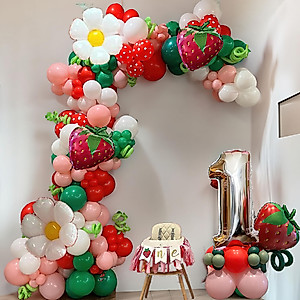 Strawberry Balloons Arch Kit Red Light Pink Green and White with Daisy Foil Balloon for Strawberry Party Decoration Girls Birthday berry sweet baby shower decorations