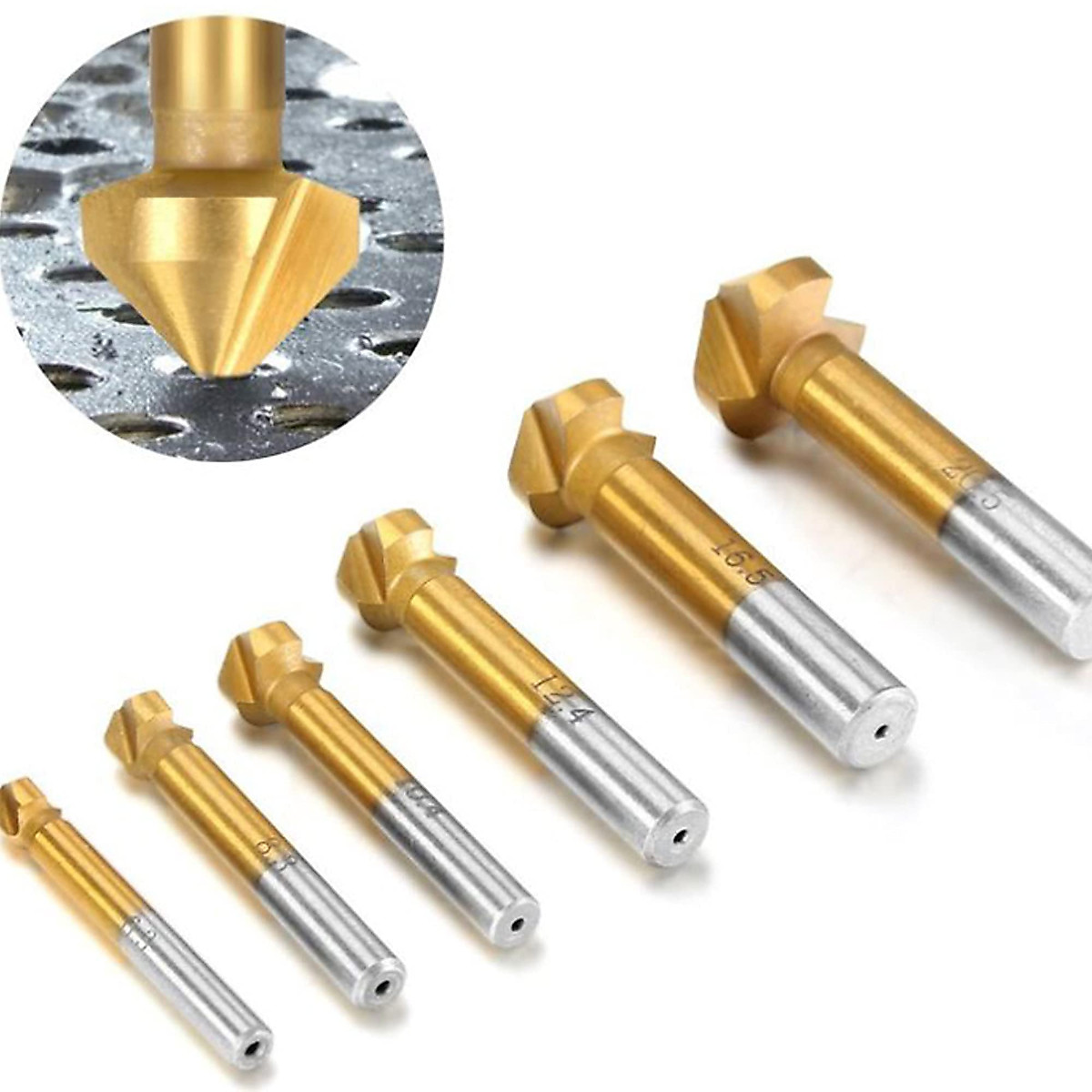 KEWAYO 3 Flute 90 Degree HSS Chamfering Tool Bit Countersink Drill Bit Set for Metal Wood Plastic Woodworking Metal Working Tool Bit Set, Pack of 6pcs