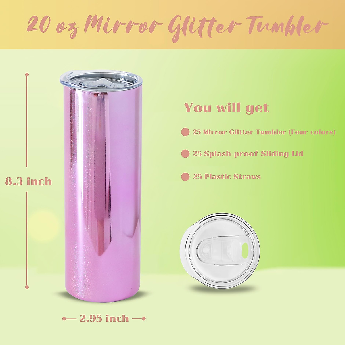 VEVELU 25 Pack 20 oz Stainless Steel Mirror Surface Glitter Sublimation Tumbler Blank with Straws Double Wall Insulated