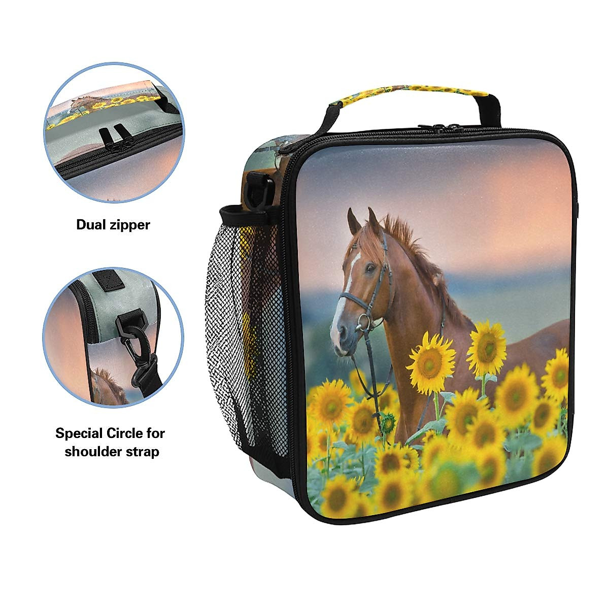 Sunflower Horse Lunch Box for Girls, Insulated Lunch Bag Kids Cooler Freezable Shoulder Strap for School Office