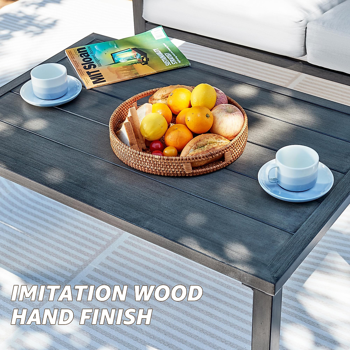 NATURAL EXPRESSIONS Patio Furniture 4 Piece Set,Outdoor Conversation Set Metal Patio Sectional Sofa with High Back Hand-Woven Rope Chairs by Hand Brushed Wood Grain Finish, 6" Cushion for Yard,Garden