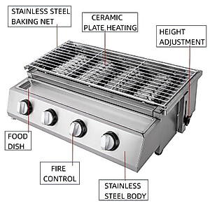Commercial Gas BBQ Grill w/Stainless Steel Griddle 4 Burners Stainless Steel LPG Grill Restaurant Barbecue Stove Portable Barbecue Stove Kebab Roasting Machine For Outdoor Camping Smokeless