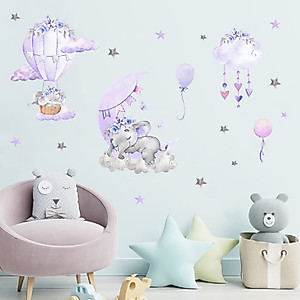Yovkky Girls Purple Elephant Wall Decals Stickers, Moon Cloud Hot Air Balloon Flower Grey Stars Nursery Decor, Baby Shower Bedroom Decorations Toddler Kids Room Art Party Supply Gift