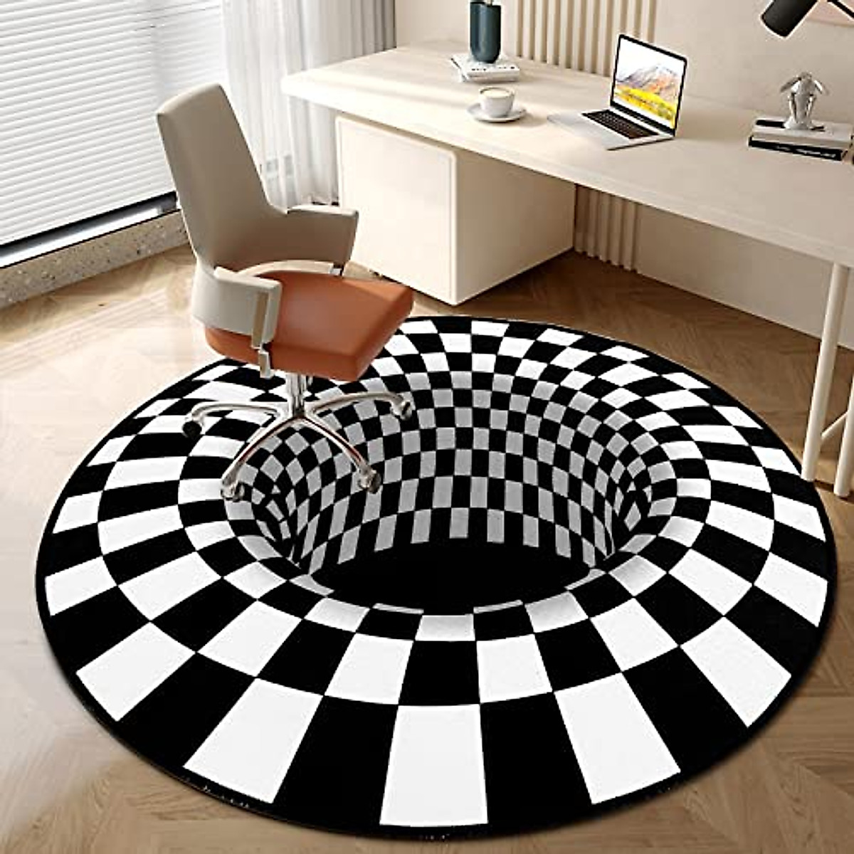 3D Visual Optical Floor Mat, 3D Vortex Illusion Rug Black White Plaid Round Rugs Non-Slip 3D Visual Area Rugs for Dining Room Carpet Home Bedroom Floor Mat (23.6Inch)