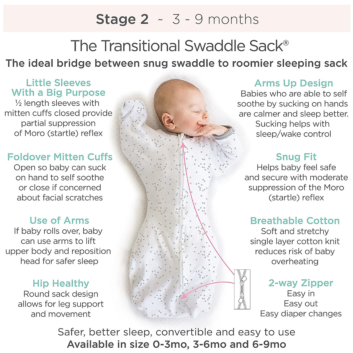 Amazing Baby Transitional Swaddle Sack with Arms Up Half-Length Sleeves and Mitten Cuffs, Tiny Elephants, Pink, Medium, 3-6 months, 14-21 lbs (Better Sleep for Baby Girls, Easy Swaddle Transition)