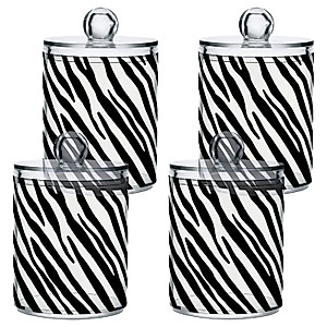 FLildon Zebra Print Black & White Qtip Holder Dispenser, Bathroom Organizer and Storage Containers, 2 Pack Clear Plastic Apothecary Jars with Lids for Cotton Ball, Cotton Swab, Floss