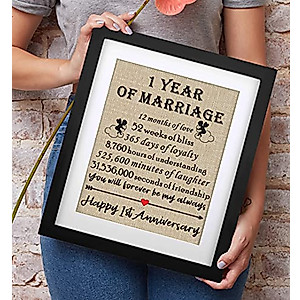 Framed 1st Anniversary Burlap Print Gifts for Couple 1st Wedding Anniversary Keepsake Gift for Husband Wife Paper Anniversary 1 Year of Marriage