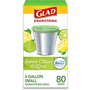 Glad Small Kitchen Drawstring Trash Bags – 4 Gallon Green Trash Bag Febreze , Sweet Citron & Lime, 80 Count (Package May Vary)