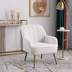 Goujxcy Teddy Barrel Chair Accent Armchair with Golden Legs for Living Room Bedroom Home Office, Tufted Back Club Chair (White3)