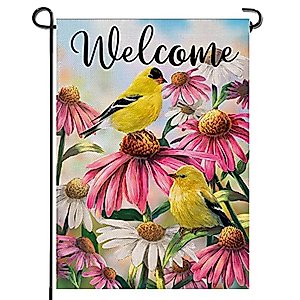 Artofy Welcome Summer American Goldfinch Birds Home Decorative Garden Flag, Yard Echinacea Daisy Flower Outside Decor, Spring Outdoor Small Burlap Decoration Double Sided 12x18
